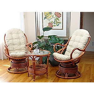 Lounge Swivel Rocking Java Chair Natural Handmade Rattan Wicker with Cream Cushion, Cognac