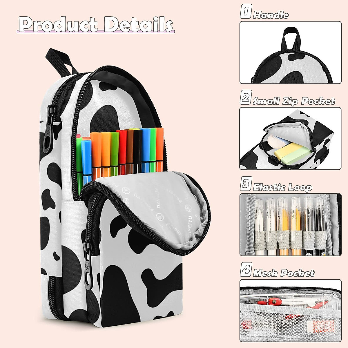 Black Cow Skin Pencil Case Big Capacity Pen Bag with Compartment Students Schoolbag Shape Stationery Organizer Pencil Pouch Marker Case for School Office Work