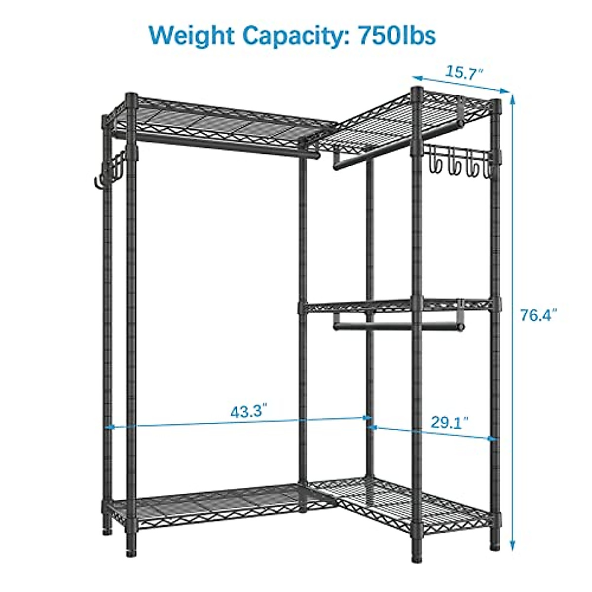 VIPEK L4 Garment Rack L Shaped Clothes Rack for Corner, Freestanding Portable Wardrobe Closet Heavy Duty Clothing Rack with 3 Hanging Rods & 2 Side Hooks, 43.3"Lx29.1"Wx76.4"H, Max Load 750LBS, Black