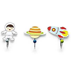 Mousehouse Gifts Set of Three Children's Kids Spaceman, Space Astronaut, Rocket Themed Single Wooden Coat Hooks Wall Hooks