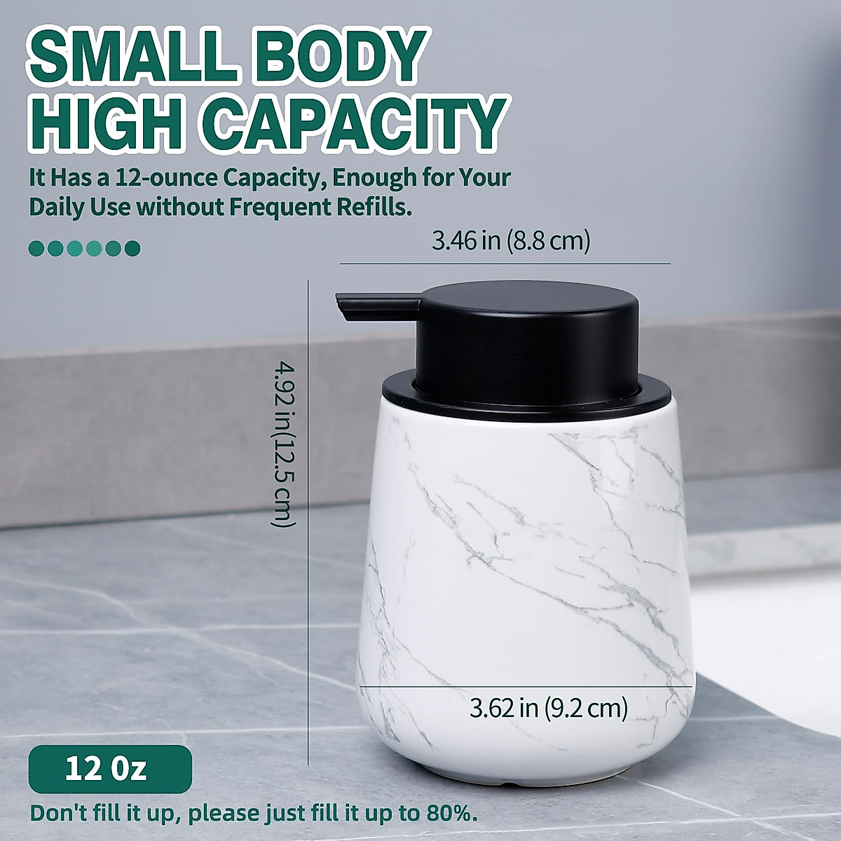 Bosilunlife Ceramic Foaming Soap Dispenser - 12 oz Marble Foam Hand Soap Dispenser Bathroom Countertop Soap Dispensers Kitchen Dish Soap Pump Dispenser Liquid Soap Dispenser for Bathroom
