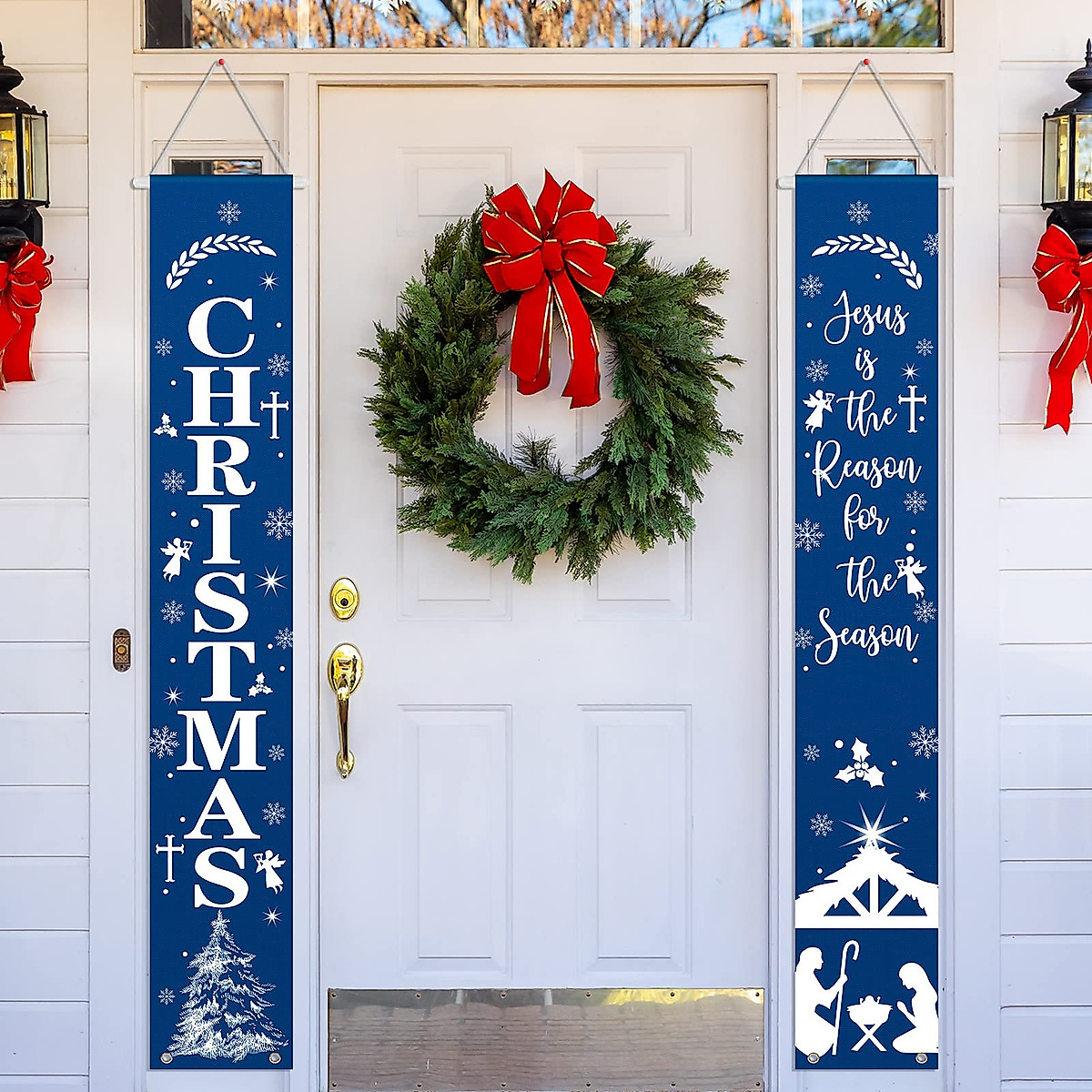 BBTO Pcs Christmas Nativity Scene Porch Sign Jesus Is The Reason for Season Banner Religious Holy Door Xmas Hanging Decorations Home Front 1BBTO x 7BBTO Inch, blue, white
