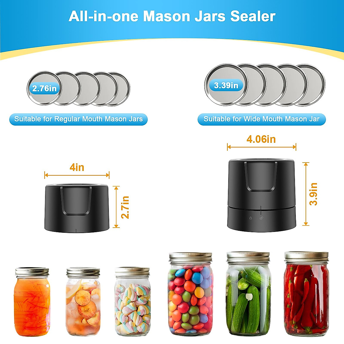 Bunyta Electric Mason Jar Vacuum Sealer Kit - 2000mAh Battery, Enhanced Motor, Compatible with Wide & Regular Mouth Lids, Ideal for Canning & Sealing, Black