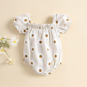 Newborn Baby Girl Romper Daisy Print Short Sleeve Bodysuit Jumpsuit Summer Clothes Beige
