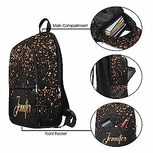 Custom Kids Backpack for Girls Boys Gold Sparkle Text Black Children Casual Daypack Backpacks, Personalized with Kid's Name Preschool School Bag, Children Travel Bookbag for School Season