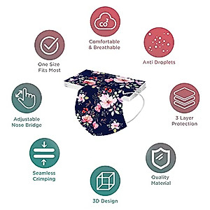 50 Pack Adults Floral Disposable Face Masks with Design, 3 Ply Protective Breathable Women Men Flower FaceMask with Nose Wire (Floral #14)