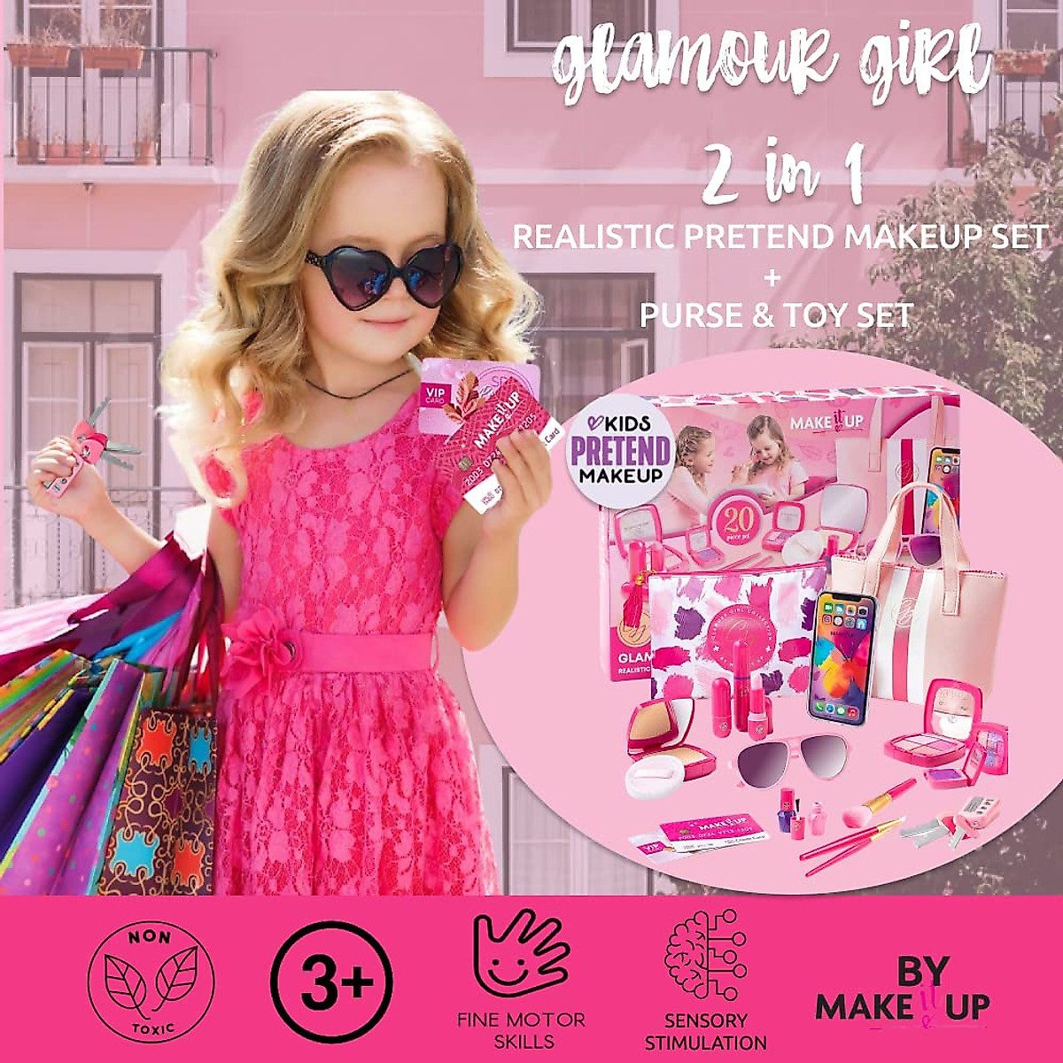 Make it Up, 20 Piece- Glamour Girl 2 in 1 Realistic Pretend Makeup Set + Purse & Toy Set (Not Real Makeup) [Toy]