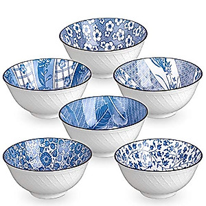 DeeCoo 6 Pack 24-Ounce Japanese Style Ceramic Cereal Bowls for Cereal, Salad, Soup, Pho, Ramen, Dessert, Rice, Noodle, Pasta Bowl Set - Microwave Safe, Stackable, Blue and White, Assorted Patterns