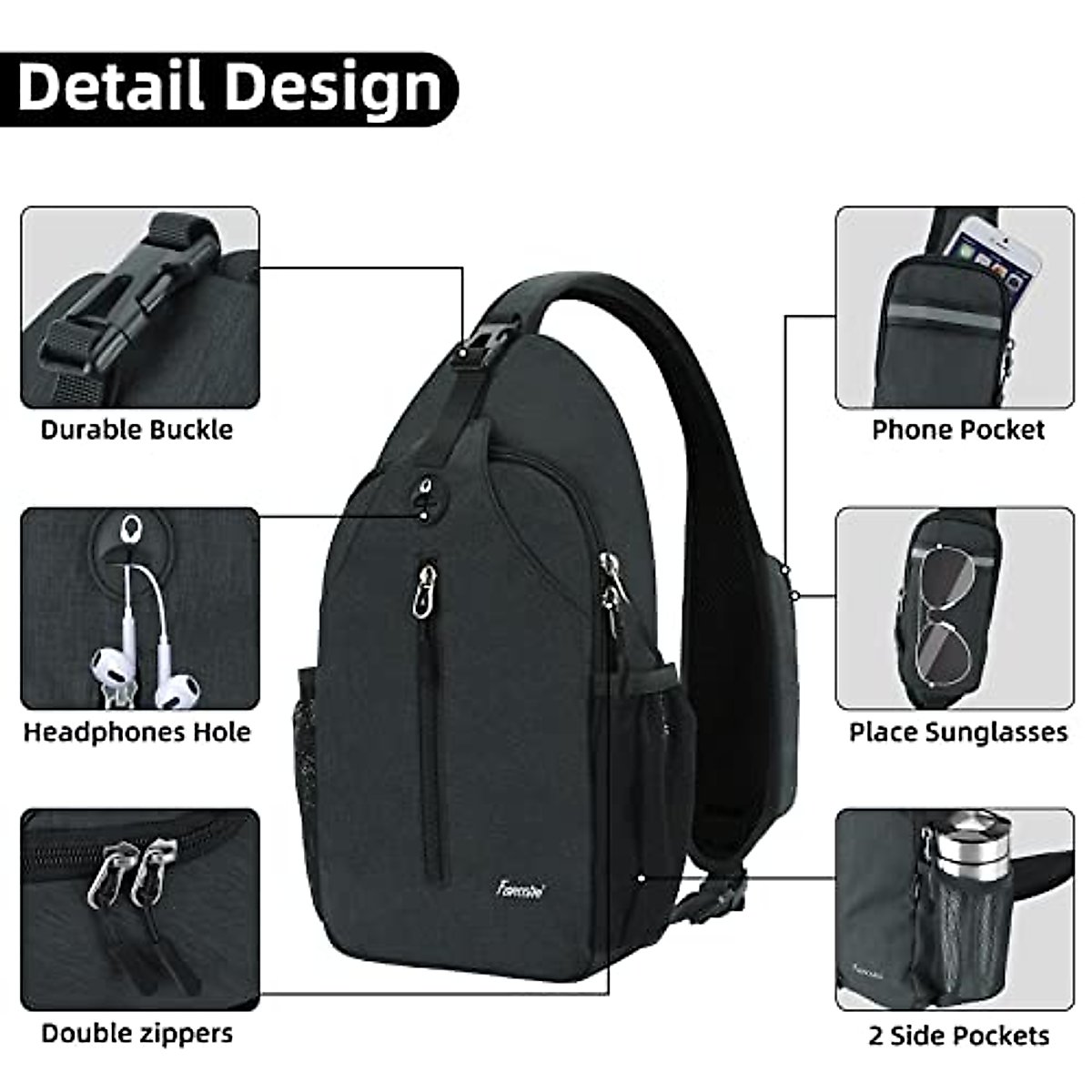 Fancosni Crossbody Sling Bags for Women Men, Black Sling Backpack, Lightweight Shoulder Bag, Multipurpose Sling Bag for Travel, Hiking, Shopping, Walking, Biking, Cycling, Earphone Hole, Chest Bag