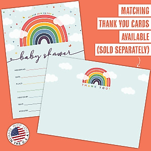 Koko Paper Co Rainbow Baby Shower Invitations and Diaper Raffle Tickets | 25 Fill-in Invitations, 25 Bright White Envelopes and 25 Diaper Raffle Tickets | 75 pcs Total | Printed on Heavy Card Stock.
