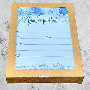 25 Gray & Blue Flower Invitations With Envelopes, Fill In Style You're Invited, Elegant Gray, Birthdays, Baby & Bridal Showers. Thick & Non Coated Cardstock For Use With Any Pen.
