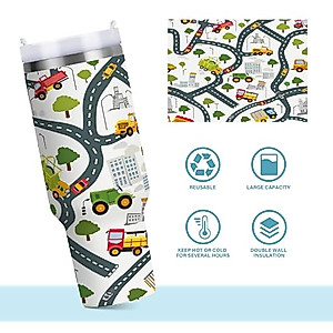 ODAWA a of Cute Cartoon Tractors Insulated Tumblers 30 Oz Coffee Mug with Straw and Lid