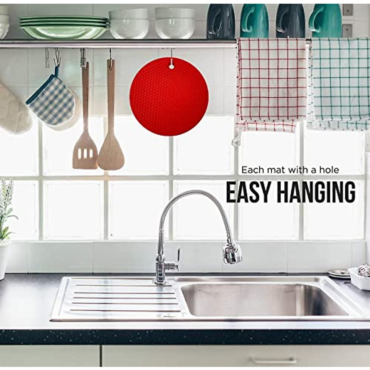 KITCHENATICS Trivets for Hot Dishes, Silicone Trivets for Hot Pots & Pans, Hot Pads for Kitchen, Pot Holders for Kitchen Heat Resistant Mats for Countertop, Silicone Trivet Mat Hot Plates, Red 4Pcs