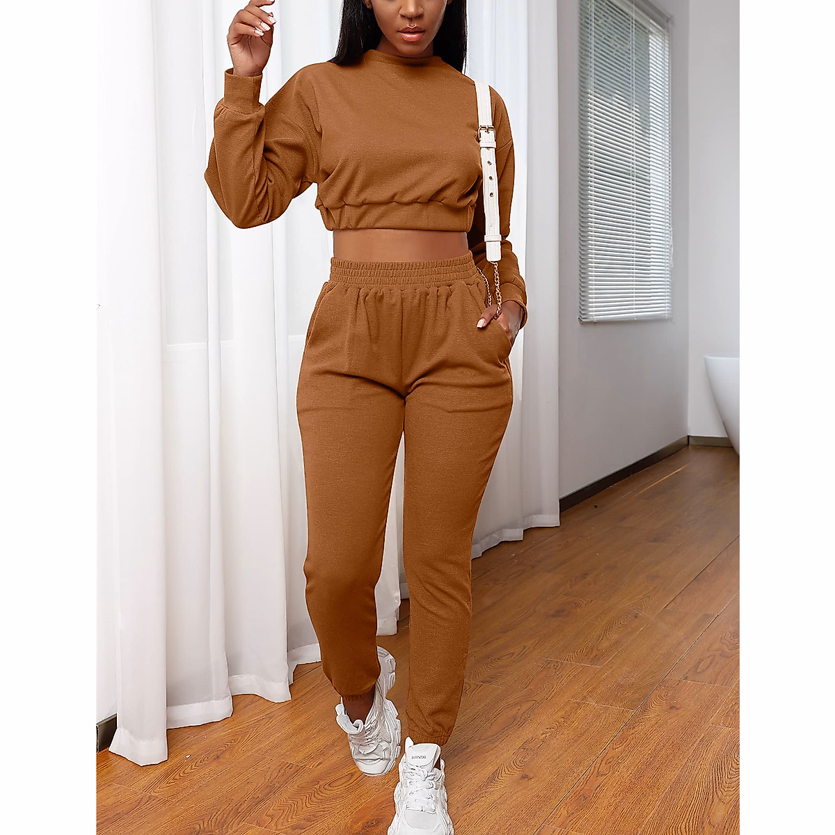 Mizoci Women's 2 Piece Outfits Lounge Jogger sets Long Sleeve Crop Top Pant Sweat Suit Tracksuit,Medium,Coffee