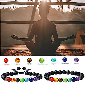 HEDQFM 2 PCS Chakra Bracelets Lava Rock Stone Aromatherapy Essential Oil Diffuser Bracelet Adjustable Woven Bracelet and Elastic Rope Bracelet for Men and Women (Chakra B)