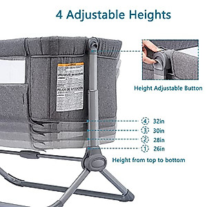 Pamo babe Bedside Bassinet for Baby Crib Quick One-Hand Folding Bedside Sleeper 4 Adjustable Heights Co-Sleeper