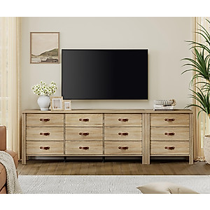 WAMPAT Dresser with 12 Drawers for Bedroom,Wooden Kids Dressers with Wide Chest of Drawers,Mid Century Modern Wooden Closet Storage Organizer,Large Wood Dressers for Living Room, Nursery,White Oak