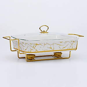 HONHPD 3PCS Rectangular Porcelain Casserole Warming Trays for Food, Ceramics Chafers, and Buffet Warmers Sets, Ceramics Chafing Dish Buffet Set, Gold Plating Serving Dishes(11inch.13inch.15inch）