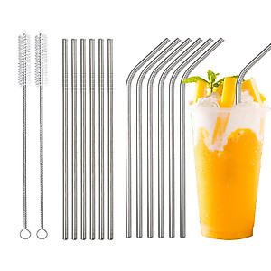 12-Pack Reusable Straws - Metal Straws Dishwasher Safe - Drinking Stainless Steel Straws for 20 oz and 12 oz Tumblers - 2 Cleaning Brushes Included