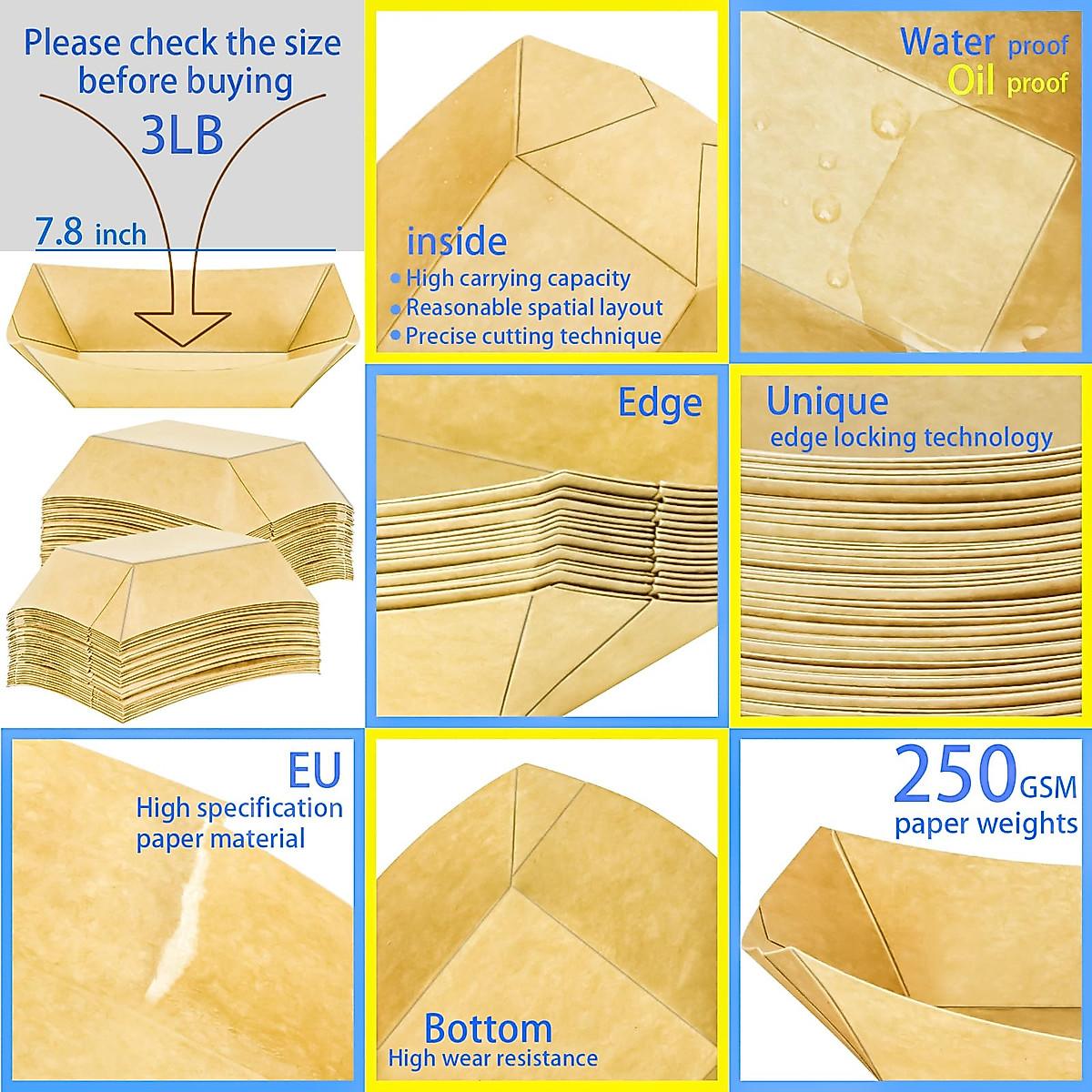 MotBach 150 Pack 3LB Extra Large Paper Food Boat Trays Disposable Paper Boats, Heavy Duty Food Boats, Paper Food Serving Tray Boat Basket for Snacks Popcorn Dessert Sandwich Burger Taco Fries Nacho