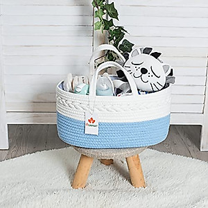 Large Baby Diaper Caddy Organizer Blue 100% Cotton Rope Basket Nursery Storage Bin Portable for Changing Table/Car Hanging Travel Bag Tote Newborn Registry Must Have Baby Boy Shower Gift Basket