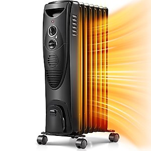 Kismile Portable Electric Radiator Heater, Oil Filled with 3 Heat Settings, Adjustable Thermostat, Overheat & Tip-Over Protection For indoor use, 1500W (Black)