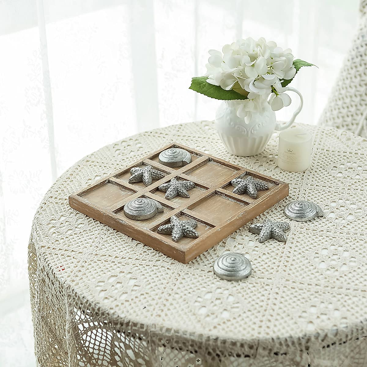 NIKKY HOME Wood Board Travel Game Beach Tic Tac Toe for Fun, Coastal Beach House Coffee Table Decor 8.93 x 8.93 x 1.26 inches - Silver