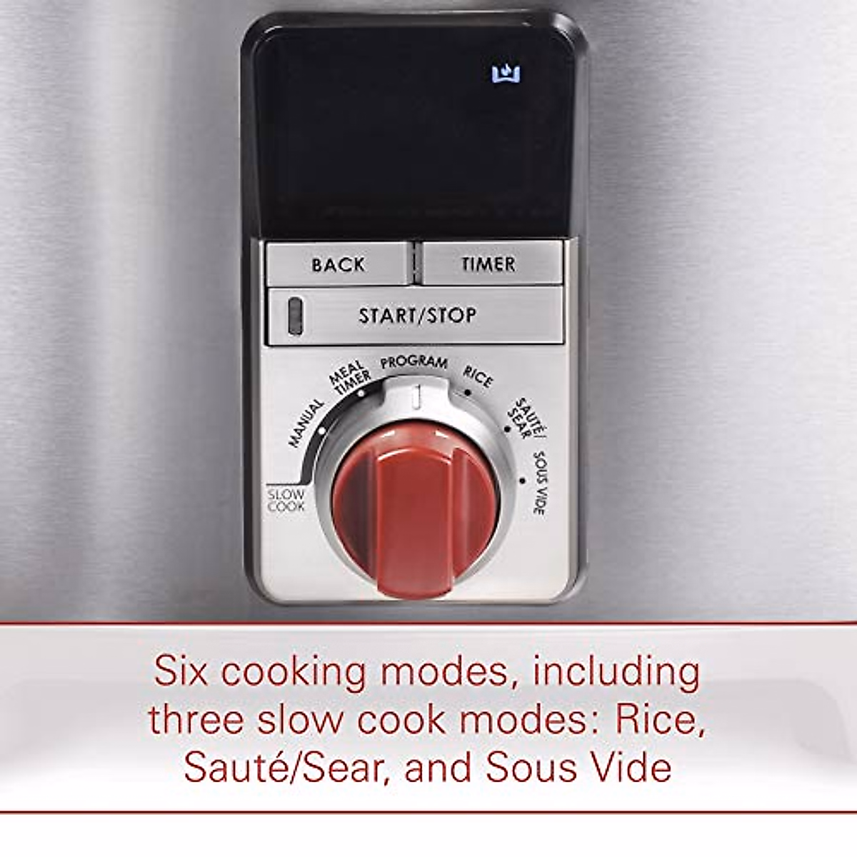 Wolf Gourmet Programmable 6-in-1 Multi Cooker with Temperature Probe, 7 qrt, Slow Cook, Rice, Sauté, Sear, Sous Vide, Stainless Steel, Red Knob (WGSC100S)