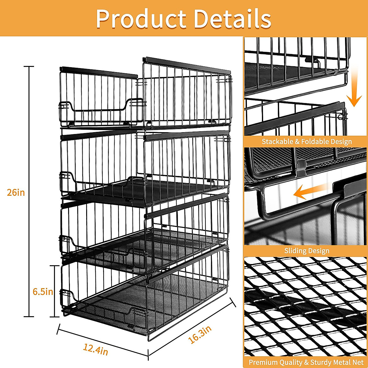 ADFOLEX Closet Organizer Storage Drawers for Clothes, Stackable Metal Storage Bins, Sliding Closet Organizers and Storage Shelves, Closet Wardrobe for Folded Clothes Jeans Pants (Black-4PCS)