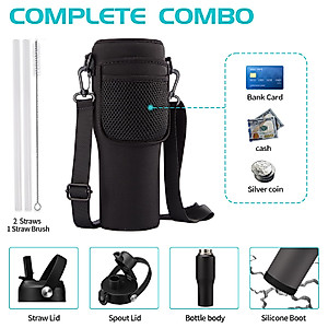 32oz Insulated Water Bottle Tumbler with Straw - Auto Spout Lid, Protective Boot, Carrier Pouch, Vacuum Stainless Steel Water Bottles Leak-Proof, Skinny Thermo Mug Flask Fit in Car Bike Cup Holder