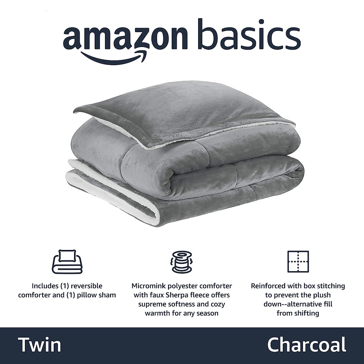 Amazon Basics 3 Piece Bedding Set, Micromink Sherpa, Ultra-Soft, Warm All Season Comforter, Twin, Charcoal, Solid