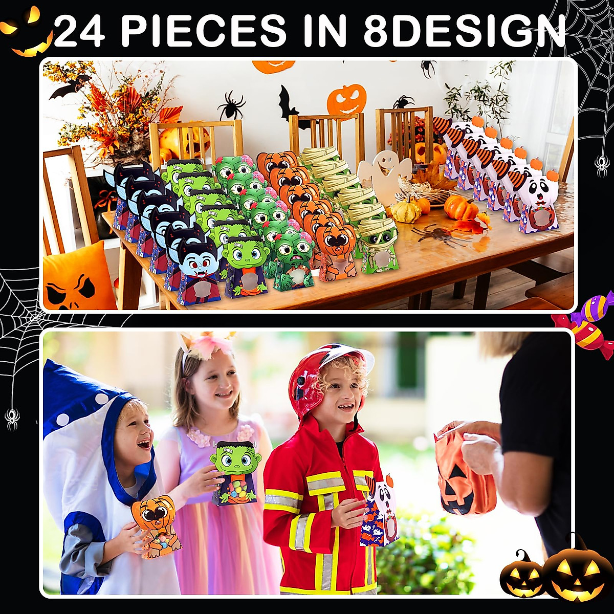 JX 24 Pack Halloween Treat Boxes with Clear Window,Halloween Goodies Candy Boxes,Tick or Treat Cookie Boxes Gift Bags Cardboard for Treats Halloween Party Favor Decoration Supplies,8 Styles