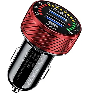 KEWIG Fast Car Charger, Dual QC3.0 Port USB Car Charger, 36W Quick Charge Car Phone Charger Adapter with Colorful Voltmeter & ON/Off Switch Fit for iPhone 13/12/11 Pro/Max/8, Galaxy S21/20 (Red)