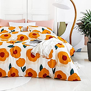 YuHeGuoJi Orange Floral Duvet Cover Queen Size 100% Cotton Botanical Flower Duvet Cover 3 Pcs Set 1 Cartoon Plant Patterned Duvet Cover with Zipper Ties 2 Pillowcases Cute Red Flower Bedding Set