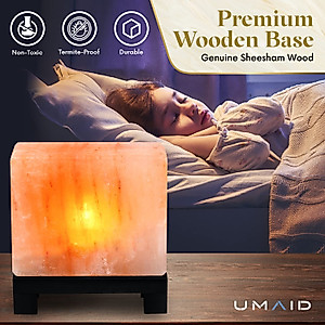 UMAID Himalayan Salt Lamp Rectangle, Salt Rock Lamp on Modern Wood Base, Night Light Bulb & Dimmable Cord, Natural Himalayan Pink Salt Lamp, Unique Home Decor, Zen Gifts, Spa & Meditation Accessories