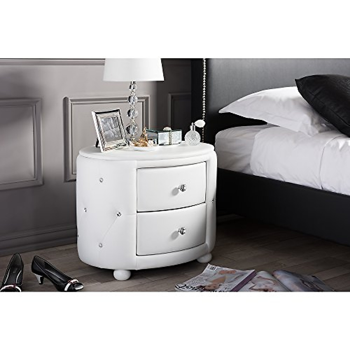 Baxton Studio Davina Hollywood Glamour Style Oval 2-Drawer Faux Leather Upholstered Nightstand, Medium, White
