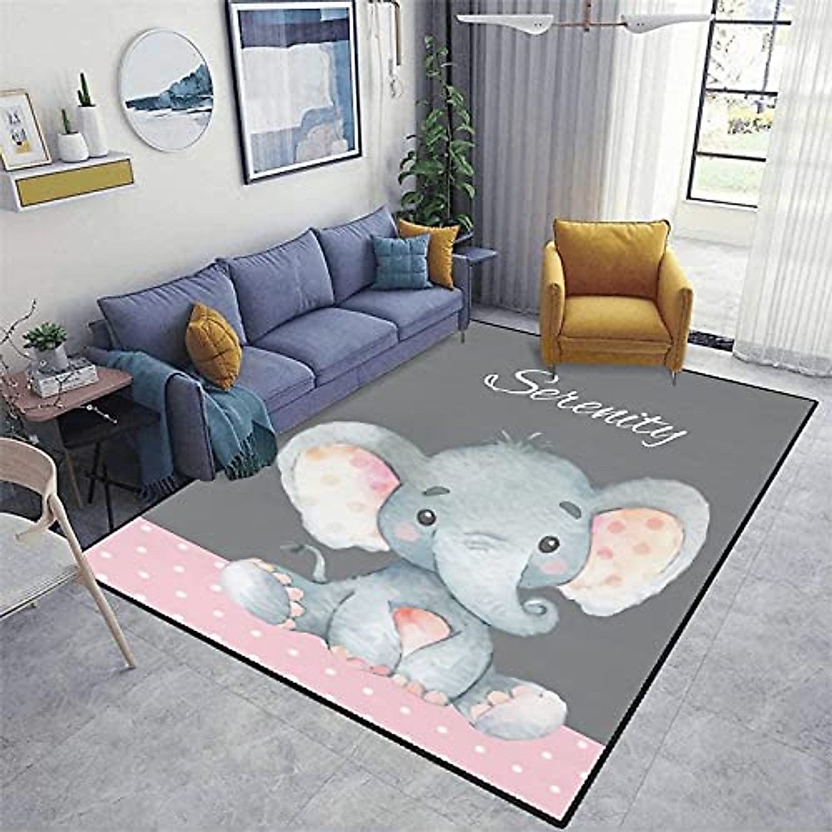 XOZOTY Custom Name Watercolor Elephant Pink Polka Dot Area Rugs Kitchen Bath Mat Washable Doormats for Patio Garden Porch 4'x5.2'