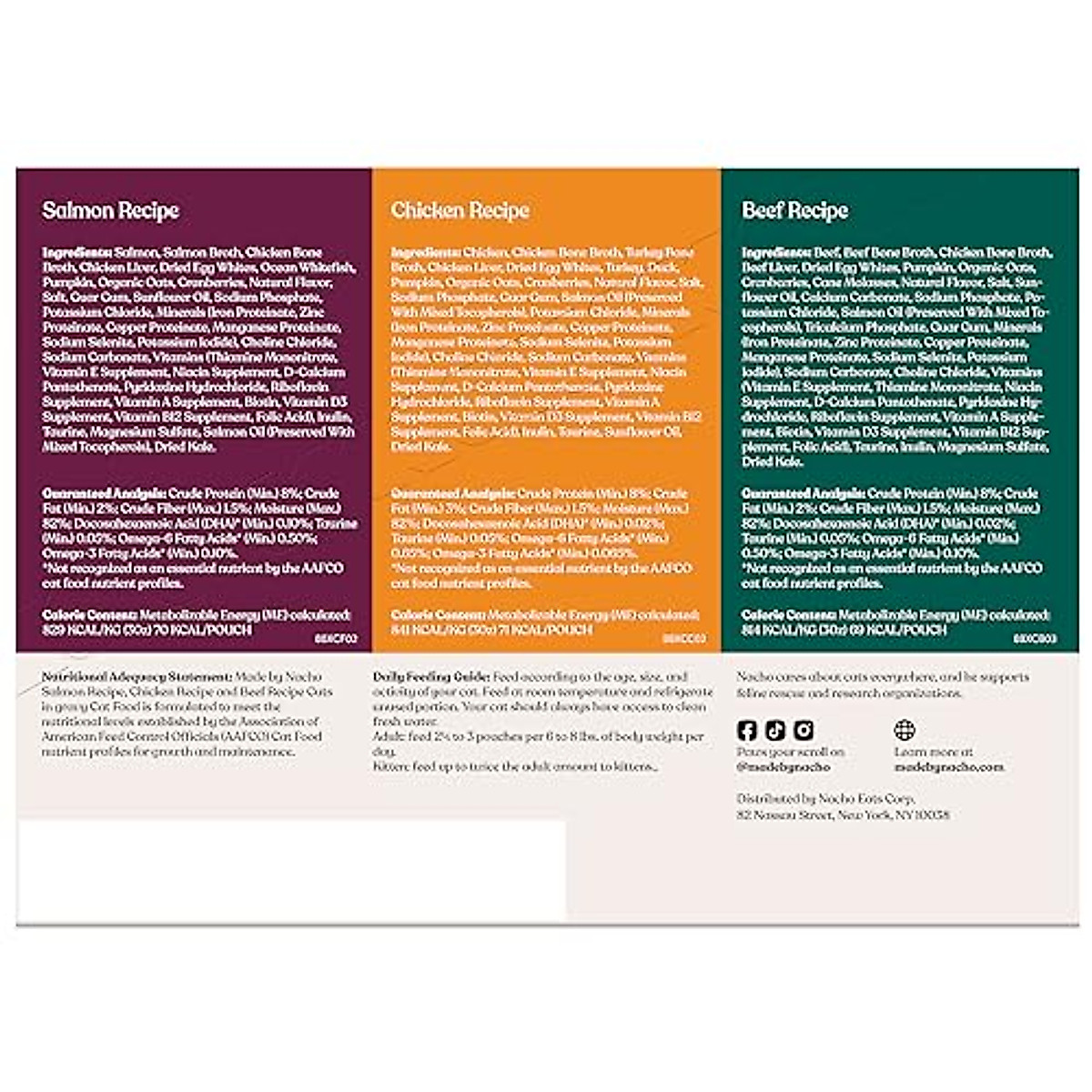 Made by Nacho Wet Cat Food Variety Pack, Cage-Free Chicken, Sustainably Caught Salmon, Grass-Fed Beef with Bone Broth for Extra Hydration, (12) 3 oz Pouches