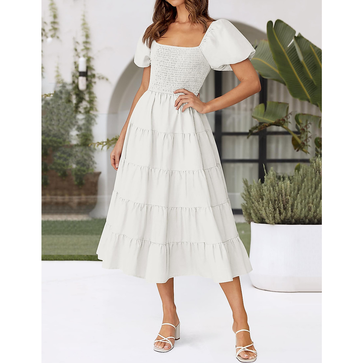 ZESICA Women's 2025 Summer Square Neck Short Puff Sleeve Solid Color High Waist Casual Smocked Flowy A Line Tiered Midi Dress,White,Small