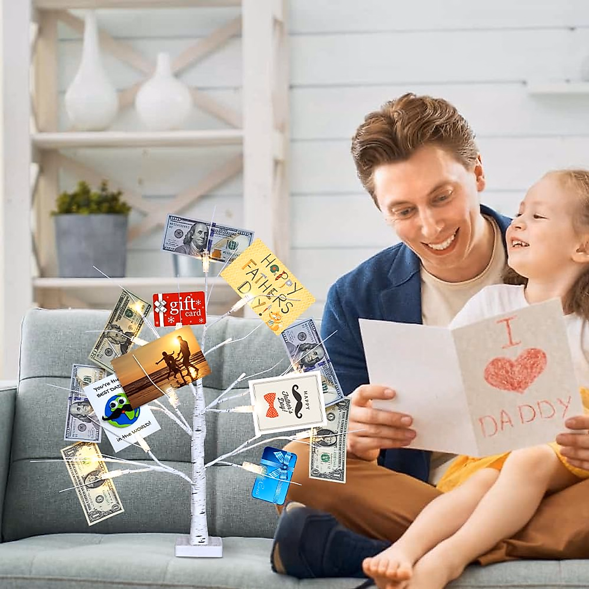 NEEDOMO Money Tree Gift Holder, 24" 2FT Lighted Birch Trees with LEDs, Battery Powered Timer with 12 Clear Clips Card, for Christmas, Lottery Ticket, Memo, Birthday, Wedding, Photo, Graduation (White)