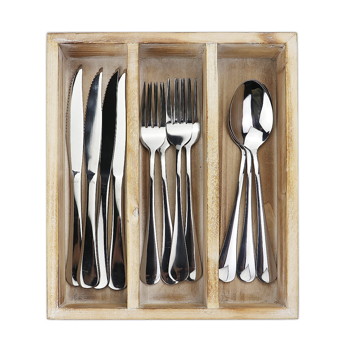 Karisky Kitchen Drawer Organizer Fir Wood Cutlery Silverware Tray Organizer with 3 Compartments, Decorative Utensil Holder for Flatware, Knives, Forks, Spoons