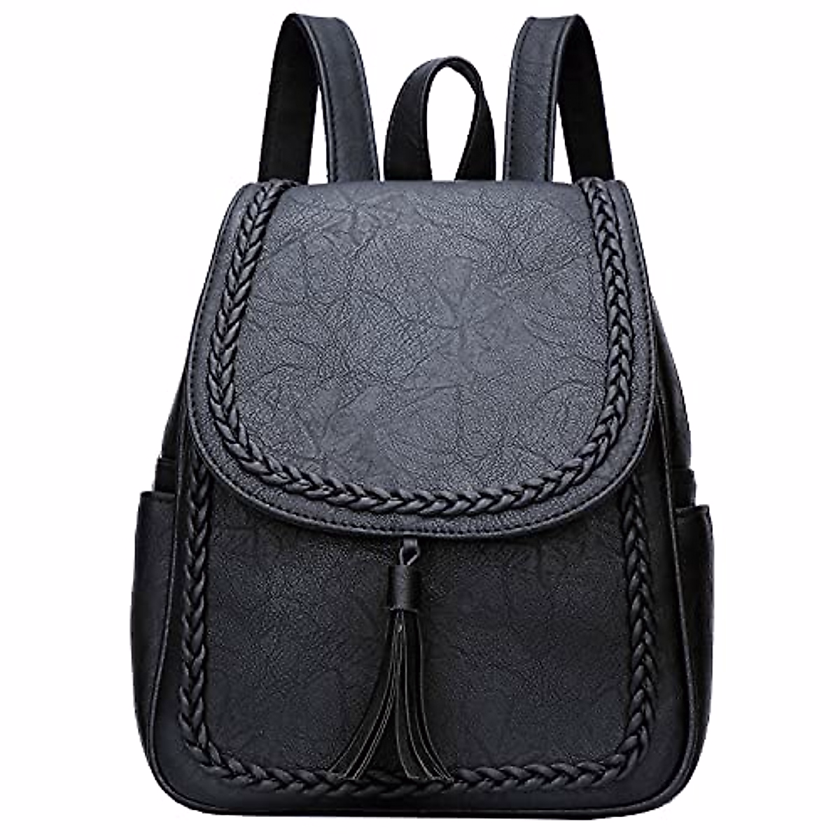 KKXIU Fashion Small Synthetic Leather Backpack Purse For Women and Ladies with Tassel (Black)