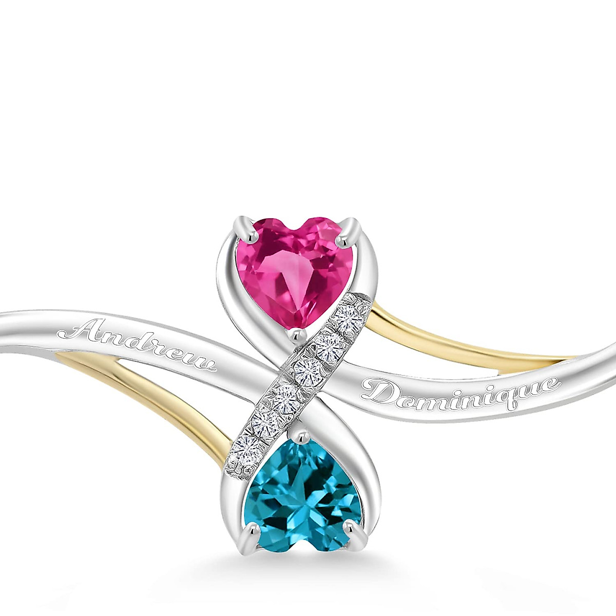 925 Sterling Silver and 10K Yellow Gold Customized and Personalized Name Engraved 2-Stone Heart Shape Gemstone Birthstone and Lab Grown Diamond Mothers Pendant Necklace For Women with 18 Inch Chain