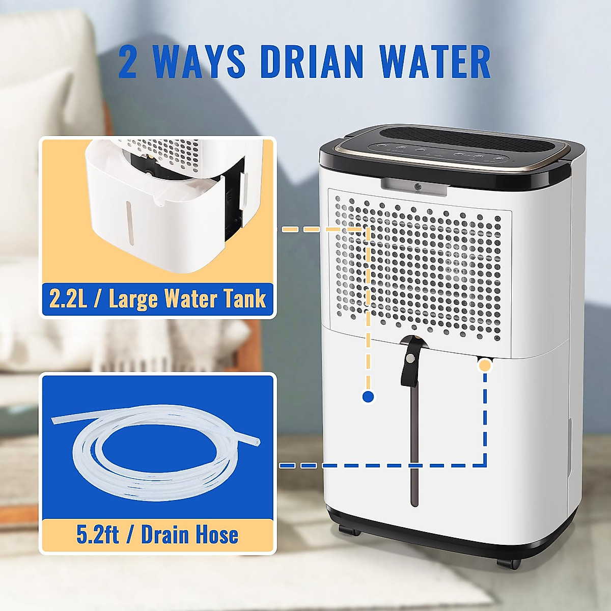 WANAI 30 Pints Dehumidifier for Basements with Drain Hose, 2500 Sq.Ft Dehumidifiers Auto Drain or Manual Drainage, Small Dehumidifier for Home Bedroom Bathroom with 2.2L Water Tank, 3 Modes, 24Timer