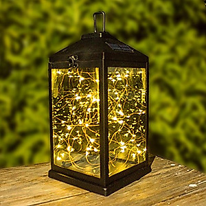 Solar Lantern Lights Metal Sunwind with 30 Warm White LEDs Fairy String Lights Outdoor Decorative Table Lamp (Black-11.4"H)