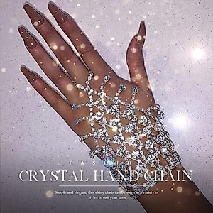 ACEDRE Rhinestone Ring Bracelets Jewelry Silver Sparkly Crystal Bangle Hand Chain Party Prom Costume Finger Hand Harness Accessories for Women(C-Silver)