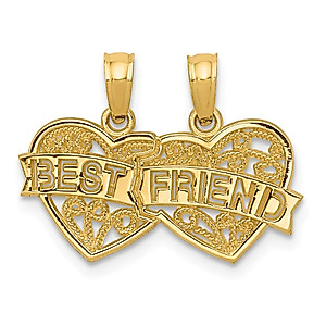 Solid 14k Yellow Gold Best Friend Breakable Double Hearts Pendant Charm - 15mm x 19mm
