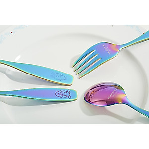 ANNOVA Kids Silverware Children's Safe Flatware Set Stainless Steel - Forks, Dinner Spoons, Toddler Utensils (Engraved Dog Bunny) (UV Rainbow,12 Pieces)