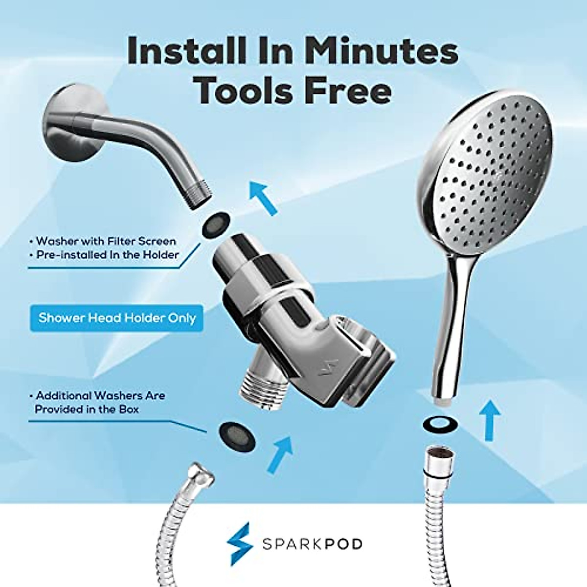 SparkPod Handheld Shower Head Holder - Premium ABS Plastic - 360 Degree Rotatable Solid Brass Ball - Compatible with 7/8" (2.25cm) Diameter Hose - Bonus Plumber's Tape (Luxury Polished Chrome)