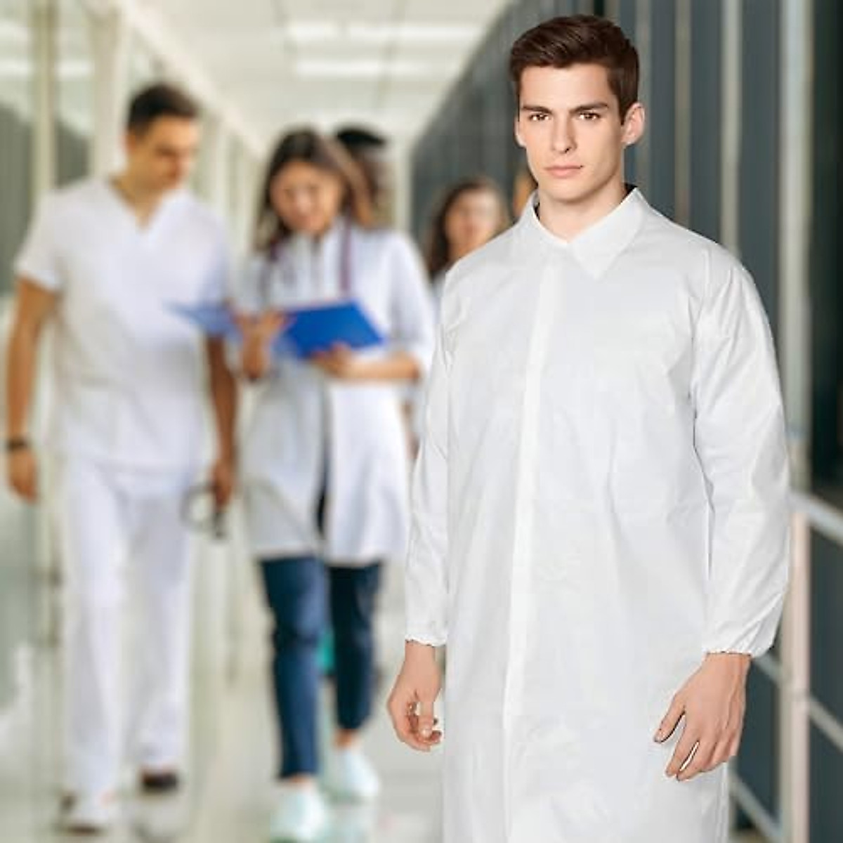 AMZ Supply White Disposable Lab Coats for Adults, Medium. Pack of 10 Microporous Polypropylene 60 GSM Coats Medical. Adult Lab Coat with Hook & Loop, Elastic Wrists, No Pockets